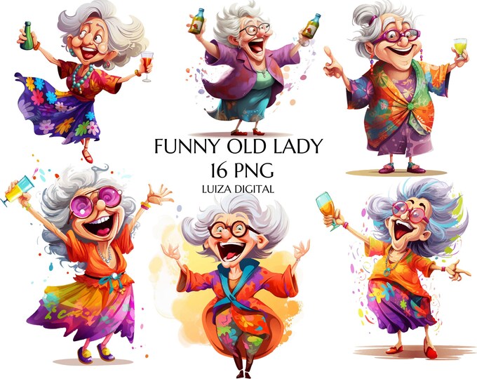 Funny Cartoon Old Ladies Clipart Bundle, Grannie Sticker, Drunk ...