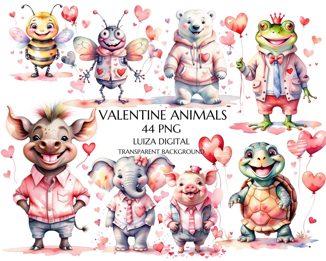 Valentine Woodland Animal Clipart, Cute Animals PNG, Pink Valentine ...