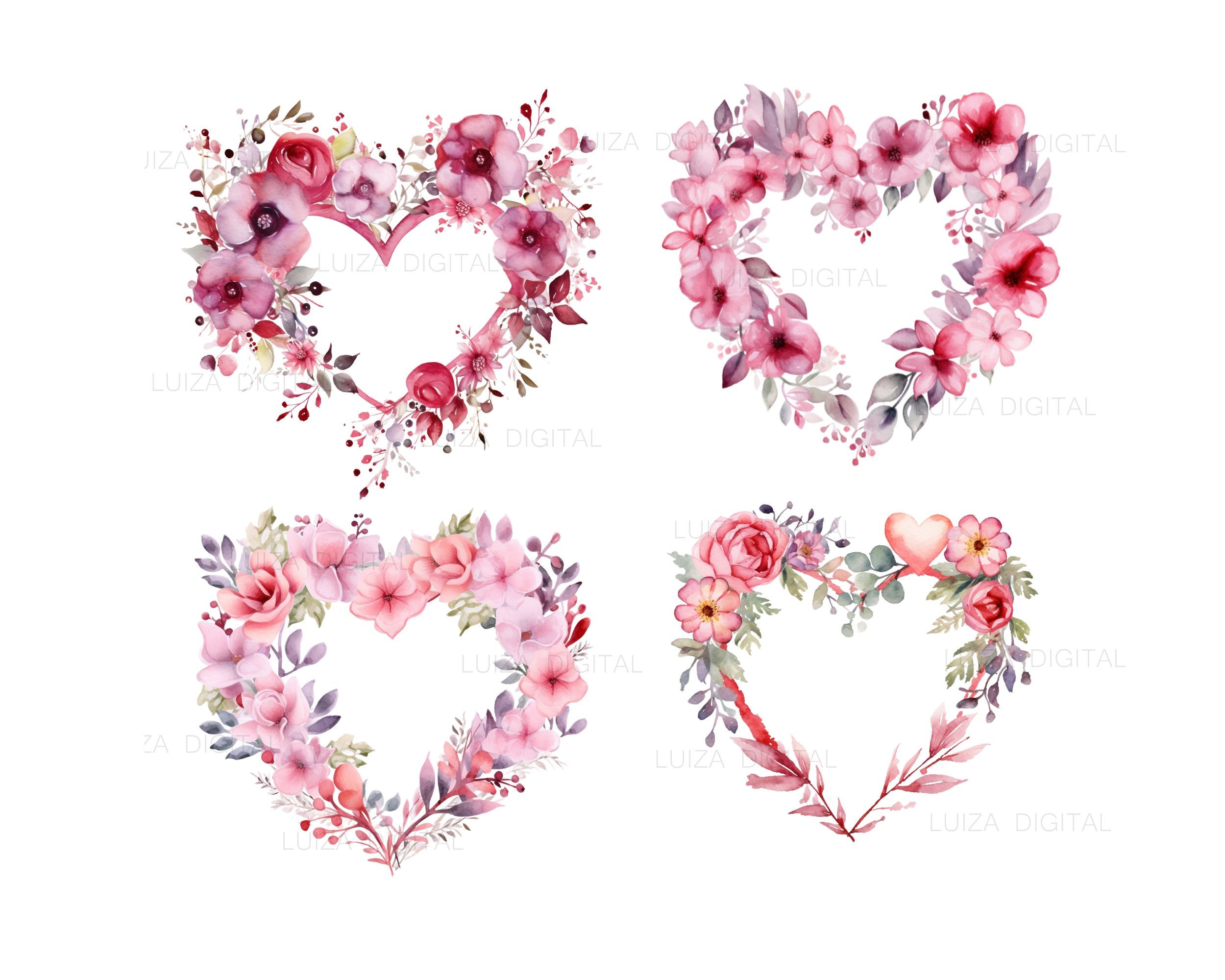 Watercolor Valentines Heart Wreath Clipart, Valentines Day Wildflower ...