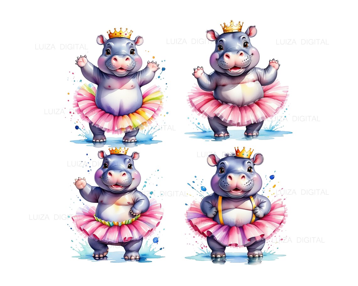 Watercolor Hippo in Tutu Clipart, Ballerina Hippo Png, Baby Animal ...