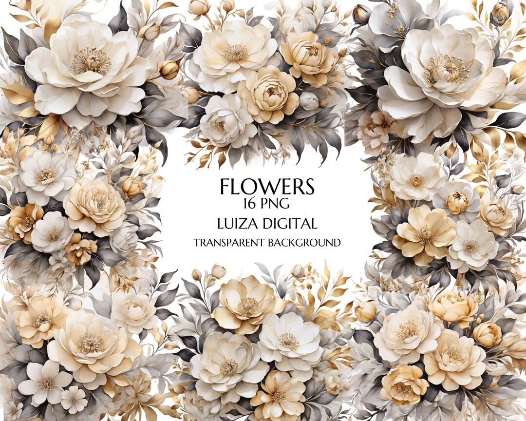 Silver and Gold Flowers PNG, Watercolor Floral Clipart Bouquets ...
