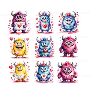 Watercolor Cute Cartoon Valentines Monsters Clipart, 15 PNG Valentines ...