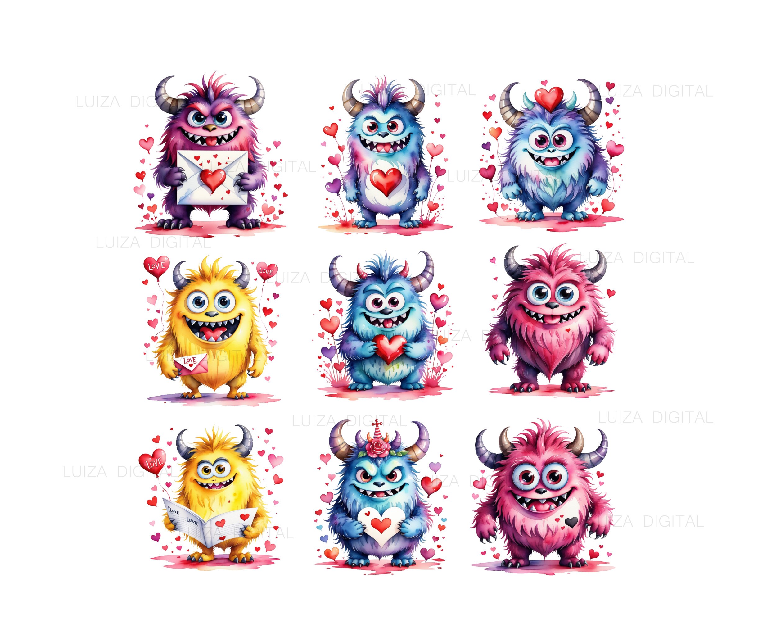 Watercolor Cute Cartoon Valentines Monsters Clipart, 15 PNG Valentines ...