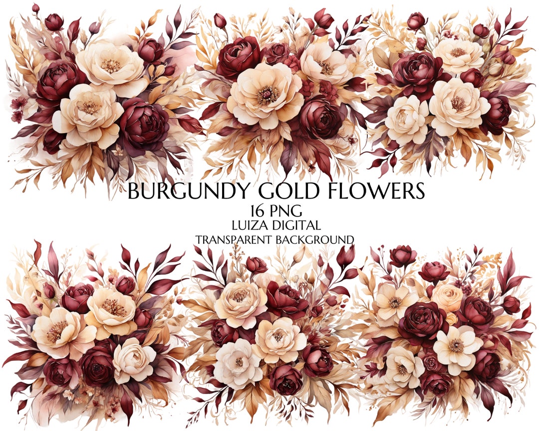 Burgundy and Gold Flowers PNG, Watercolor Burgundy Bouquets Clipart ...