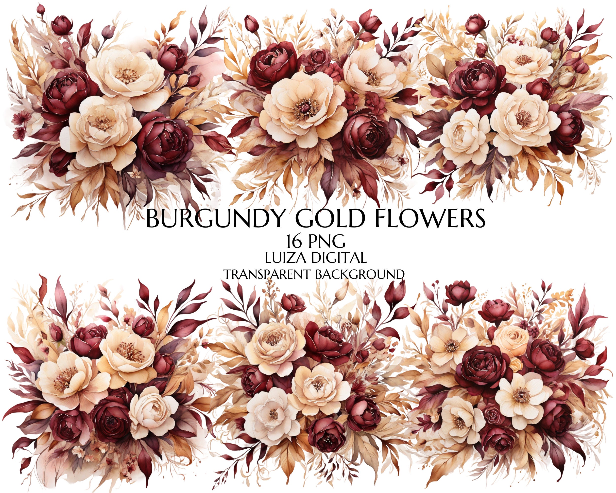 Burgundy and Gold Flowers PNG, Watercolor Burgundy Bouquets Clipart ...
