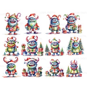 Watercolor Winter Monsters Clipart, 12 PNG Christmas Monster Clipart ...