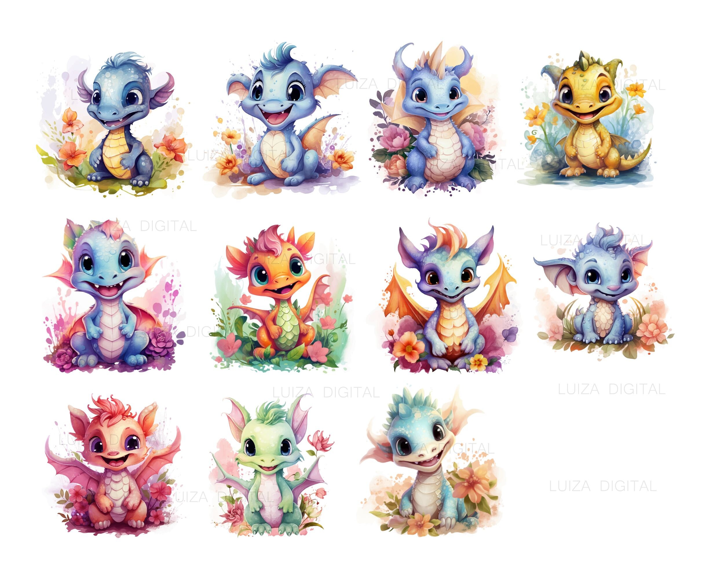 Cute Baby Dragon Clipart Bundle Watercolor Fantasy Floral - Etsy
