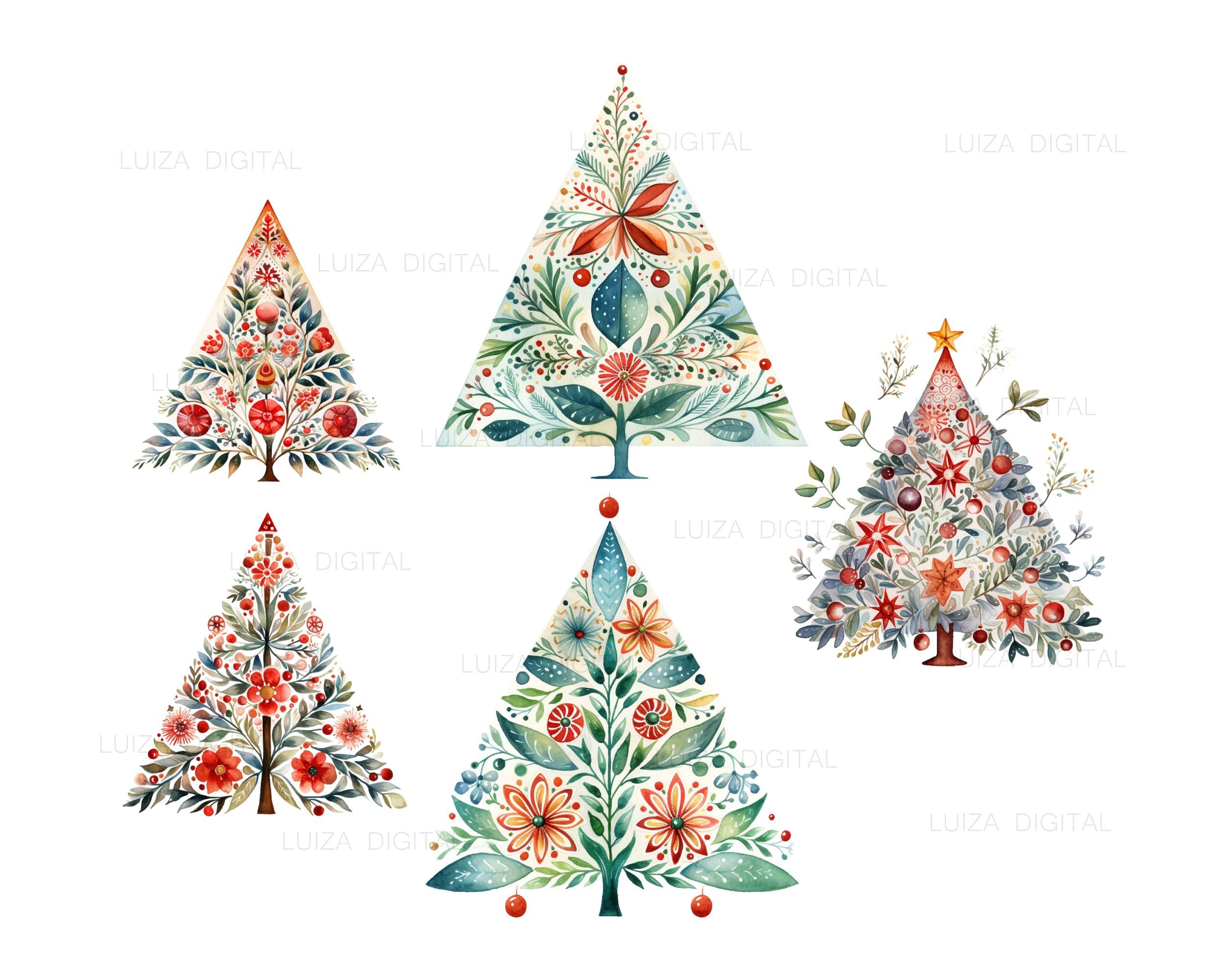 Scandinavian Christmas Tree Clipart, Watercolor Folk Christmas Tree PNG ...