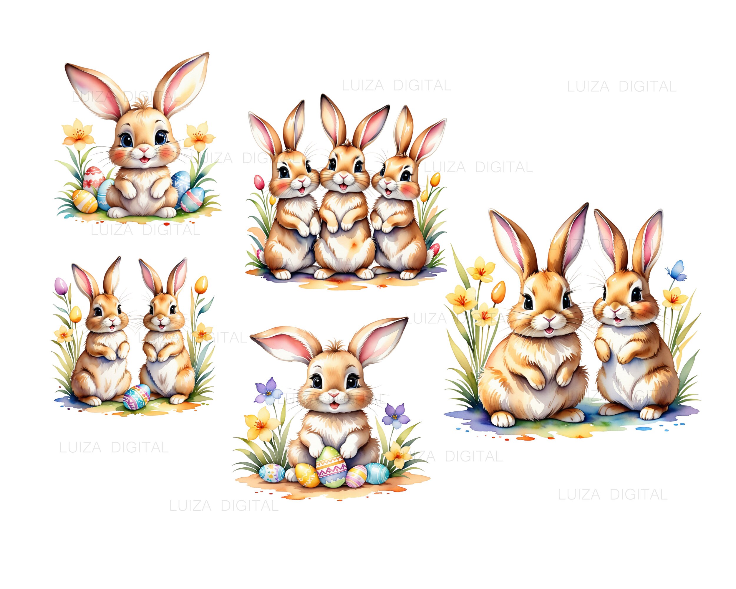 Cute Easter Bunny Clipart, Pastel Watercolor Spring Bunnies, Boho ...