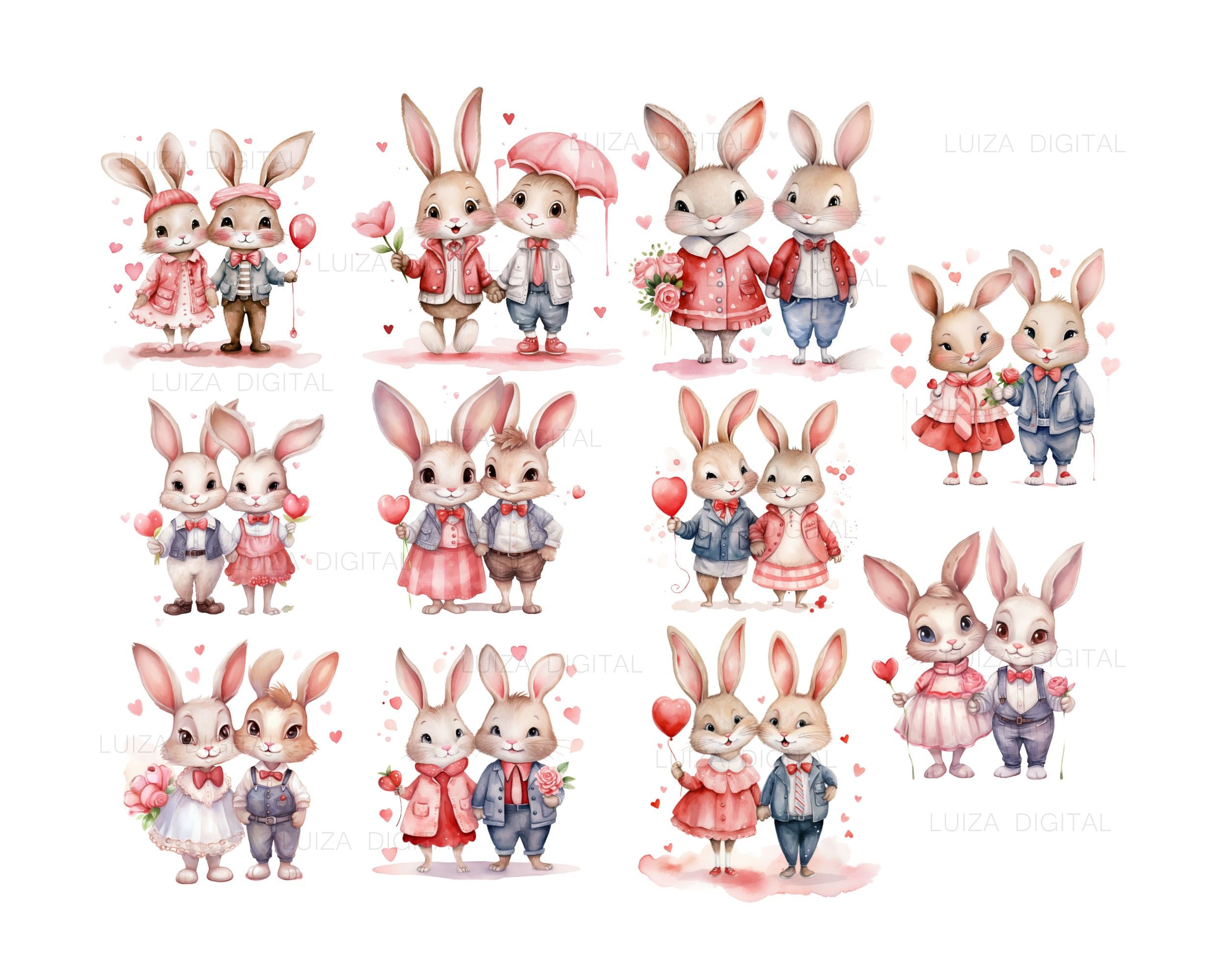 Valentine Watercolor Bunny Couple Clipart, Romantic Bunny Clipart ...