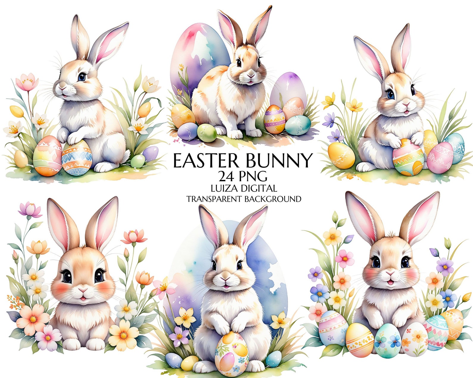 Watercolor Floral Bunny Clipart, Country Farmhouse Easter Bunny Clipart ...