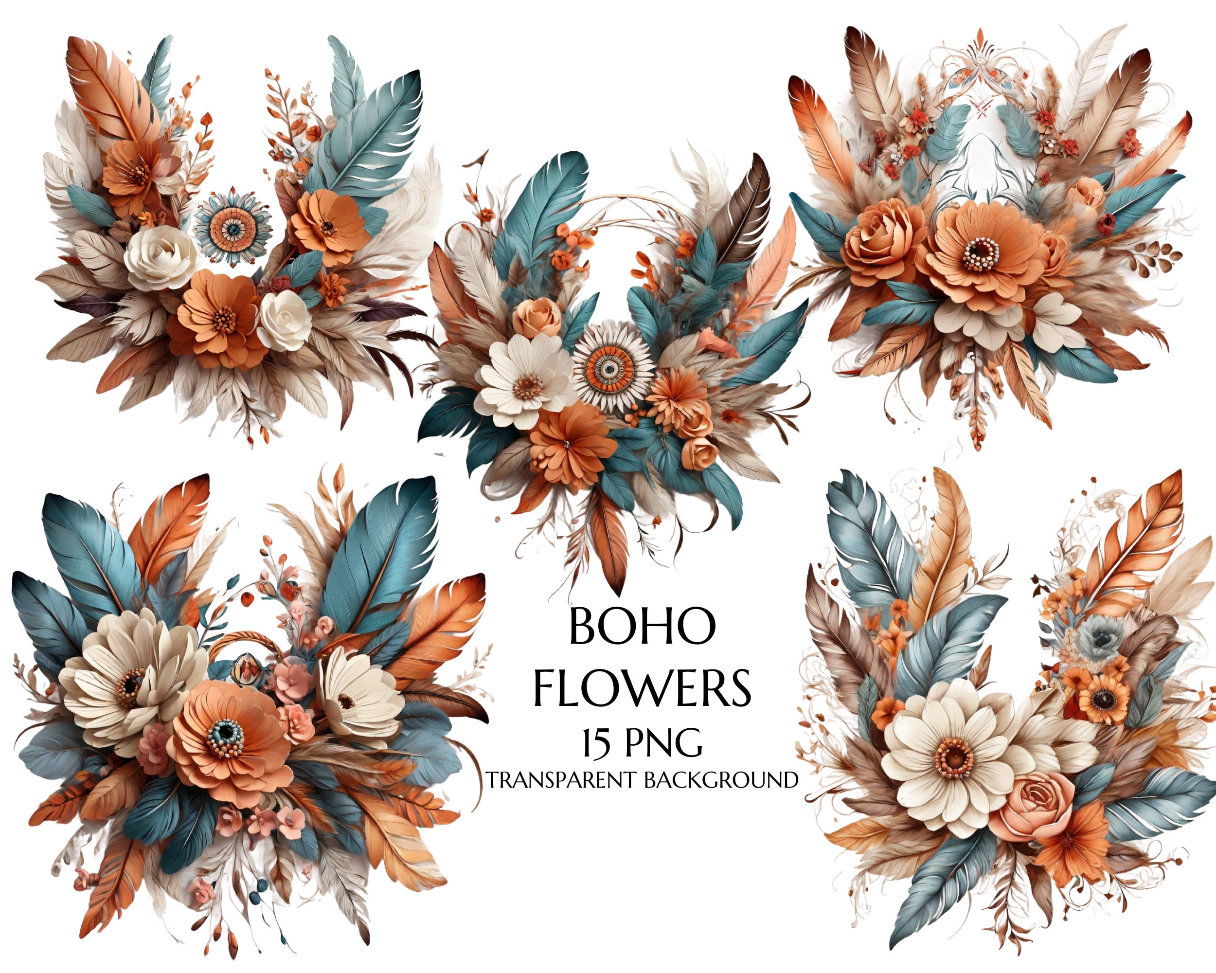 Boho Floral Clipart, Bohemian Bouquet Clipart, Meadow Flowers Clipart ...