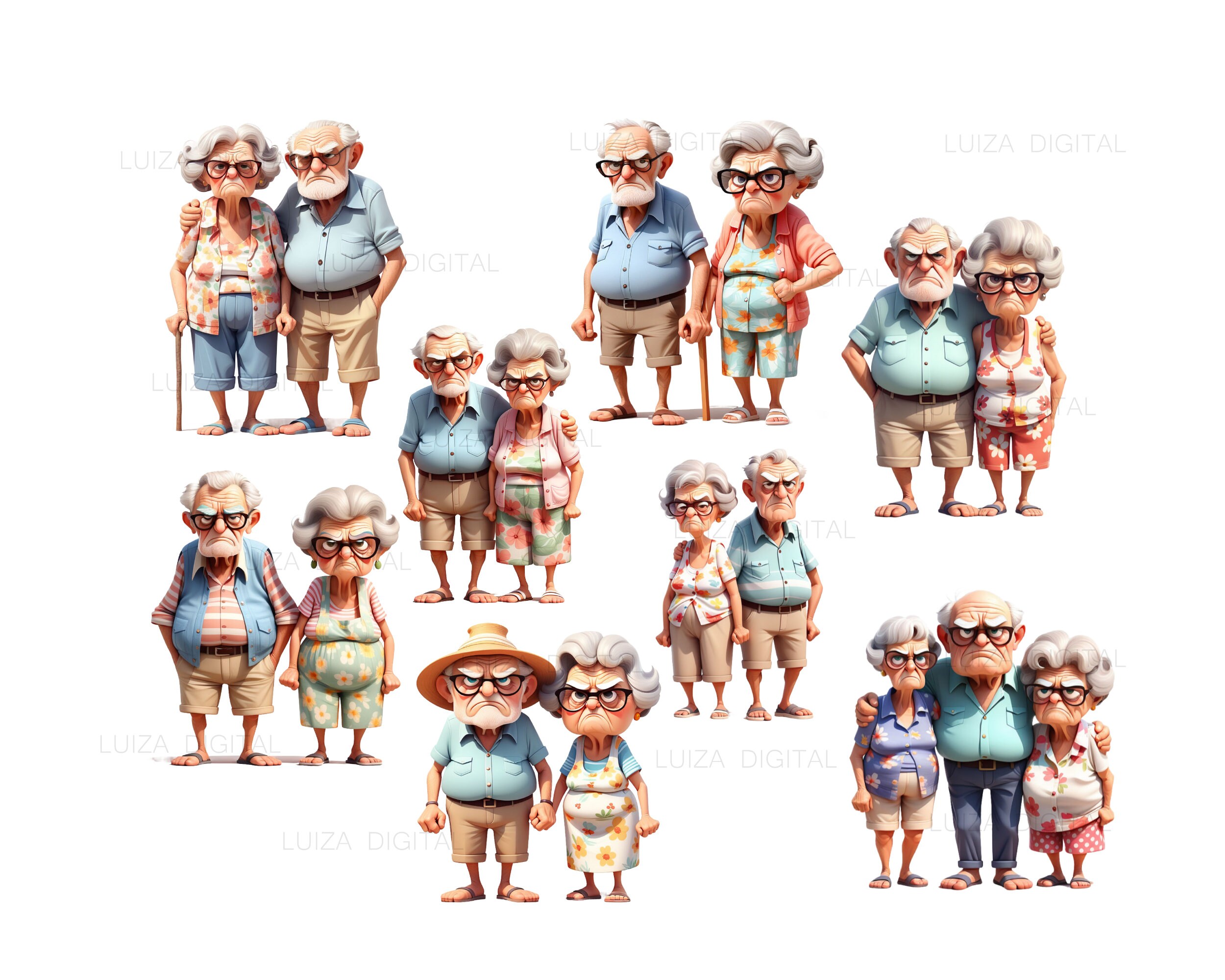 Cute Grumpy Old Couple Clipart, Old Lady and Old Man, Cartoon Grandma ...