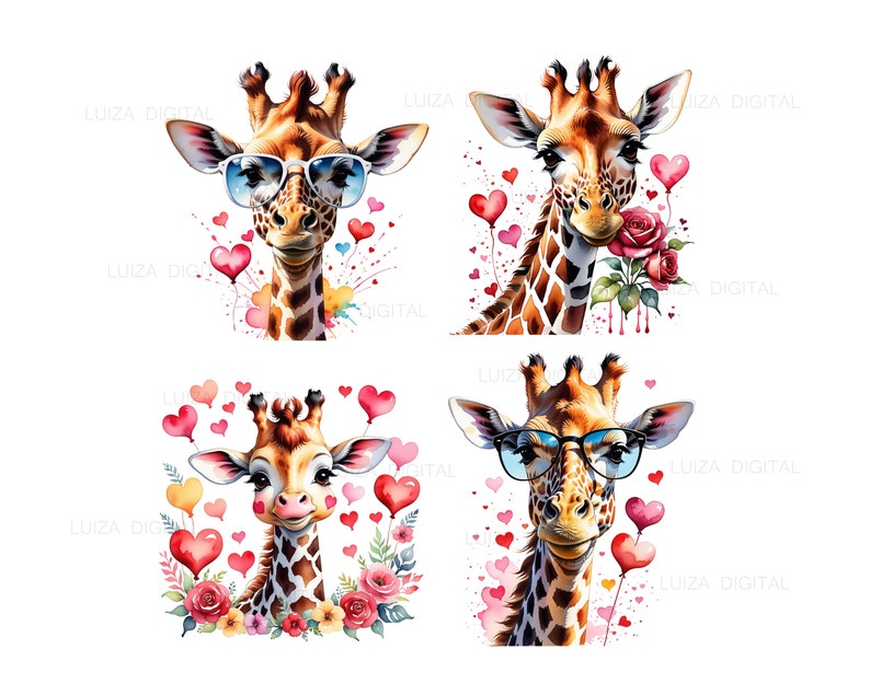 Watercolor Valentine Giraffe Clipart Bundle, Baby Giraffe PNG, Floral ...