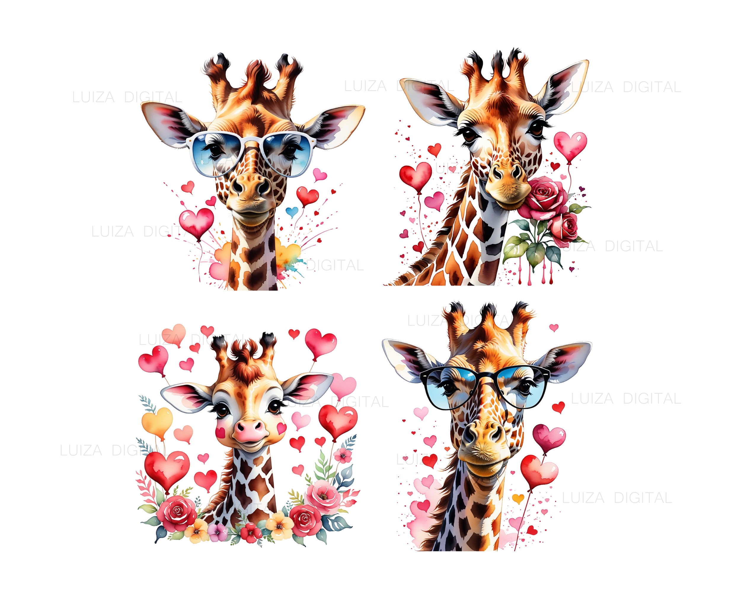 Watercolor Valentine Giraffe Clipart Bundle, Baby Giraffe PNG, Floral ...