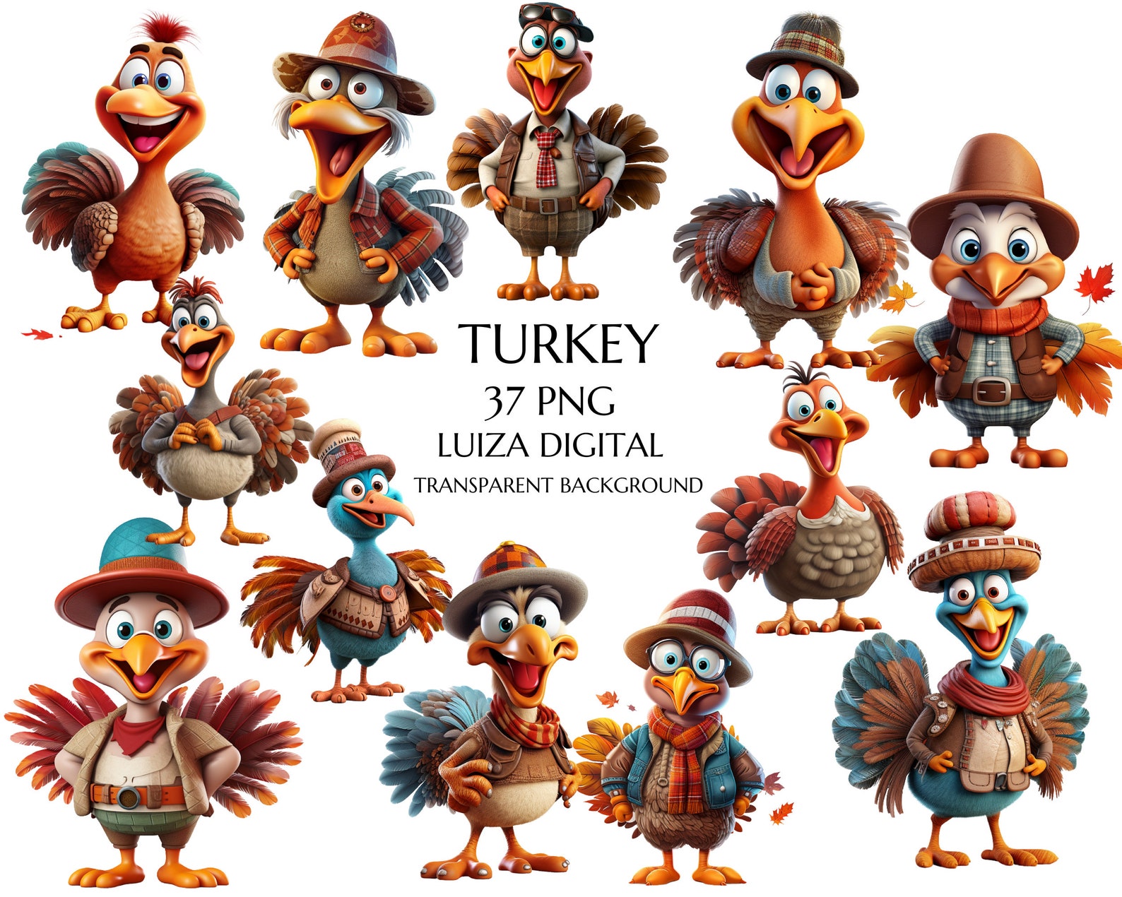 Watercolor 3D Turkey Clip Art, Funny Thanksgiving Turkey, Cartoon ...