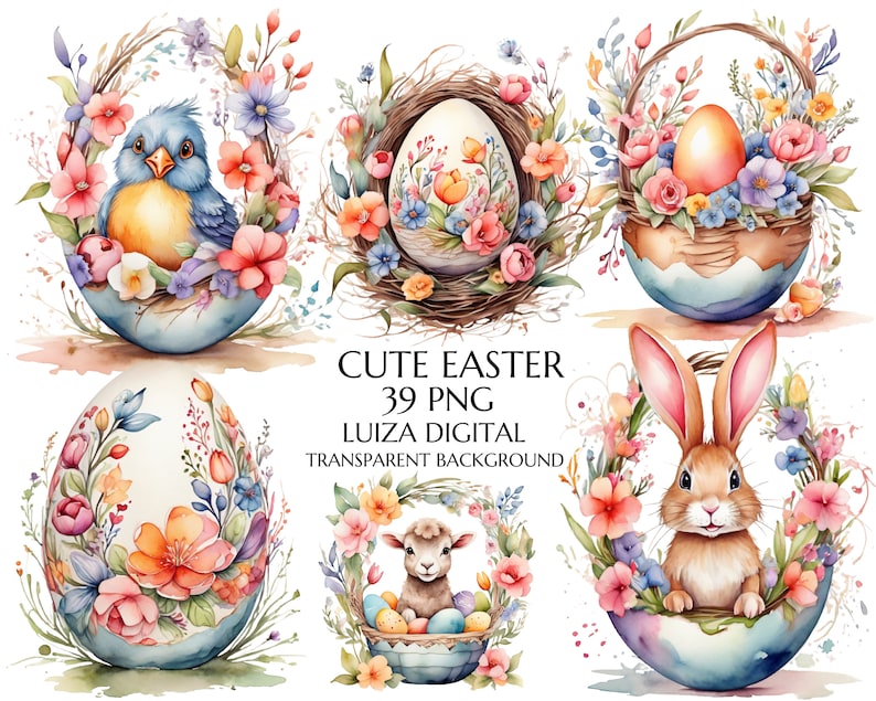 Boho Easter Bunny Clipart, Rabbit Clipart, Easter Eggs With Flowers ...