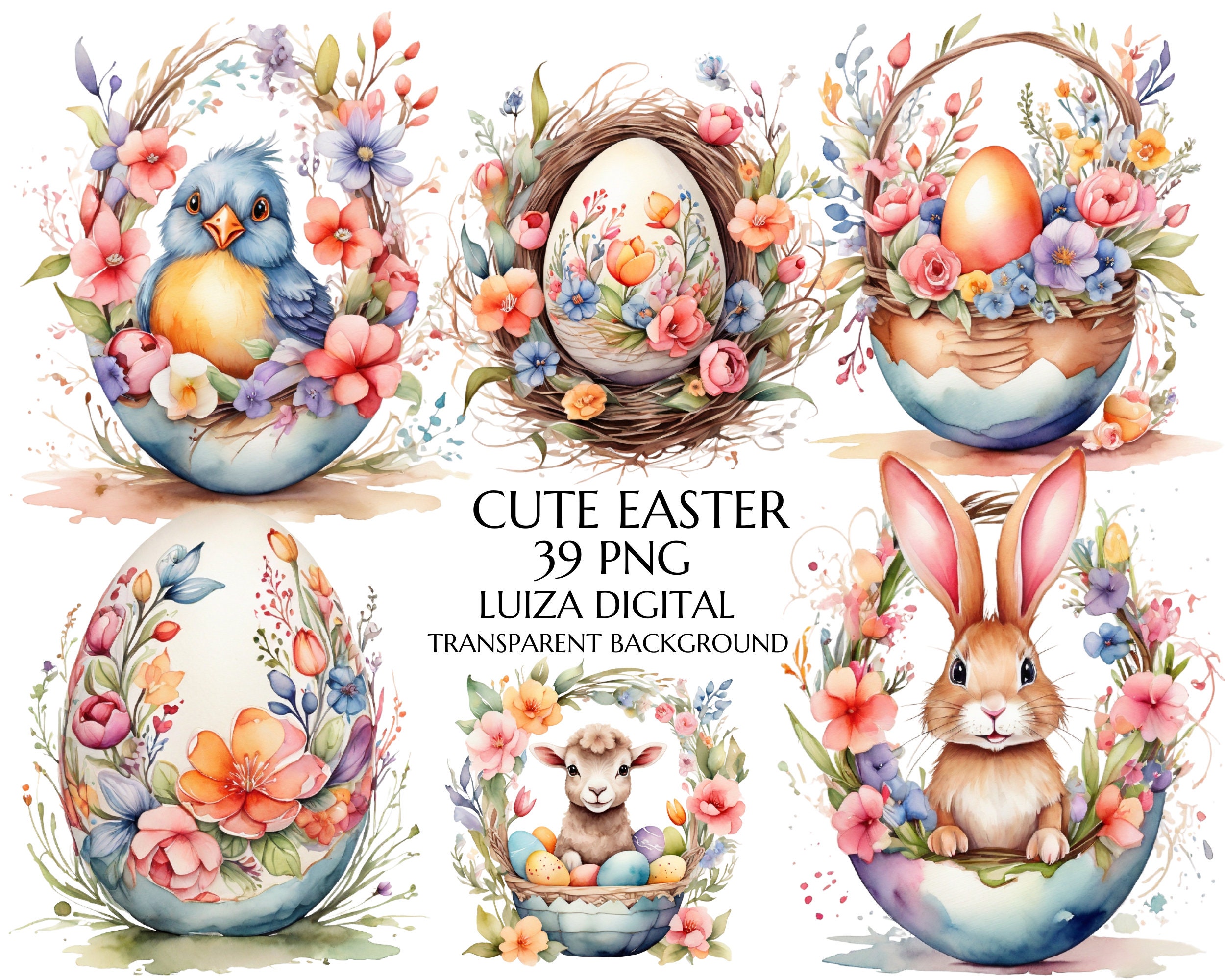 Boho Easter Bunny Clipart, Rabbit Clipart, Easter Eggs With Flowers ...