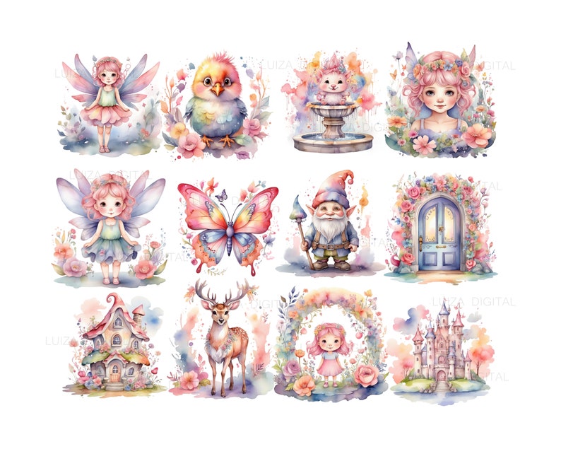 Pastel Adorable Fairy Girl Garden Clipart, Watercolor Fairy House PNG ...