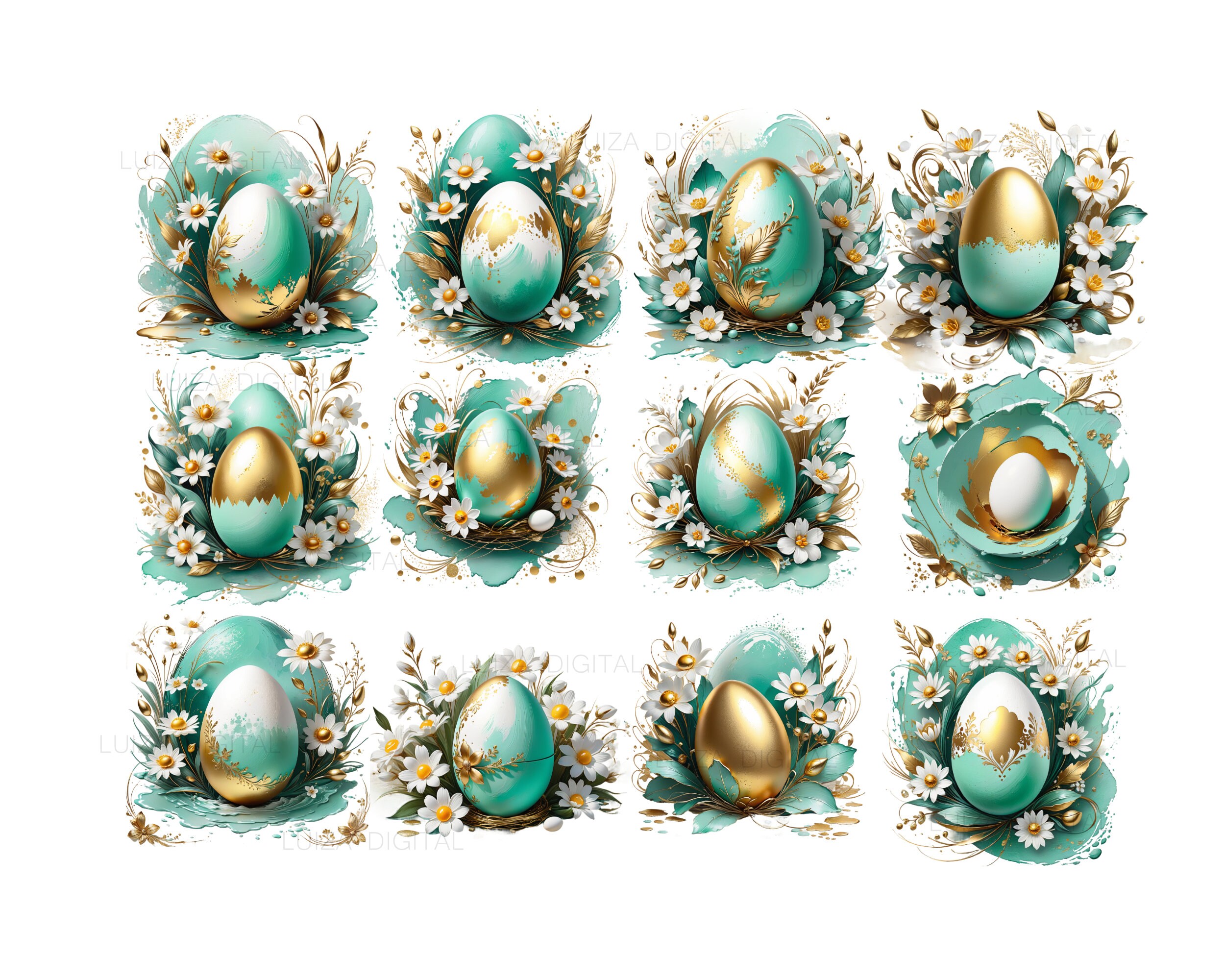Floral Egg Clipart, Watercolor Easter Eggs Clipart, Teal and Gold 3D ...