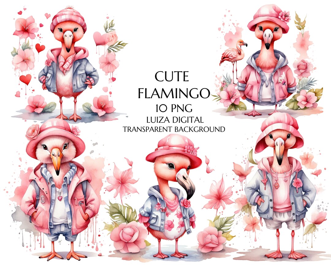 Watercolor Cute Flamingo Clipart - Tropical Birds With Flowers and ...