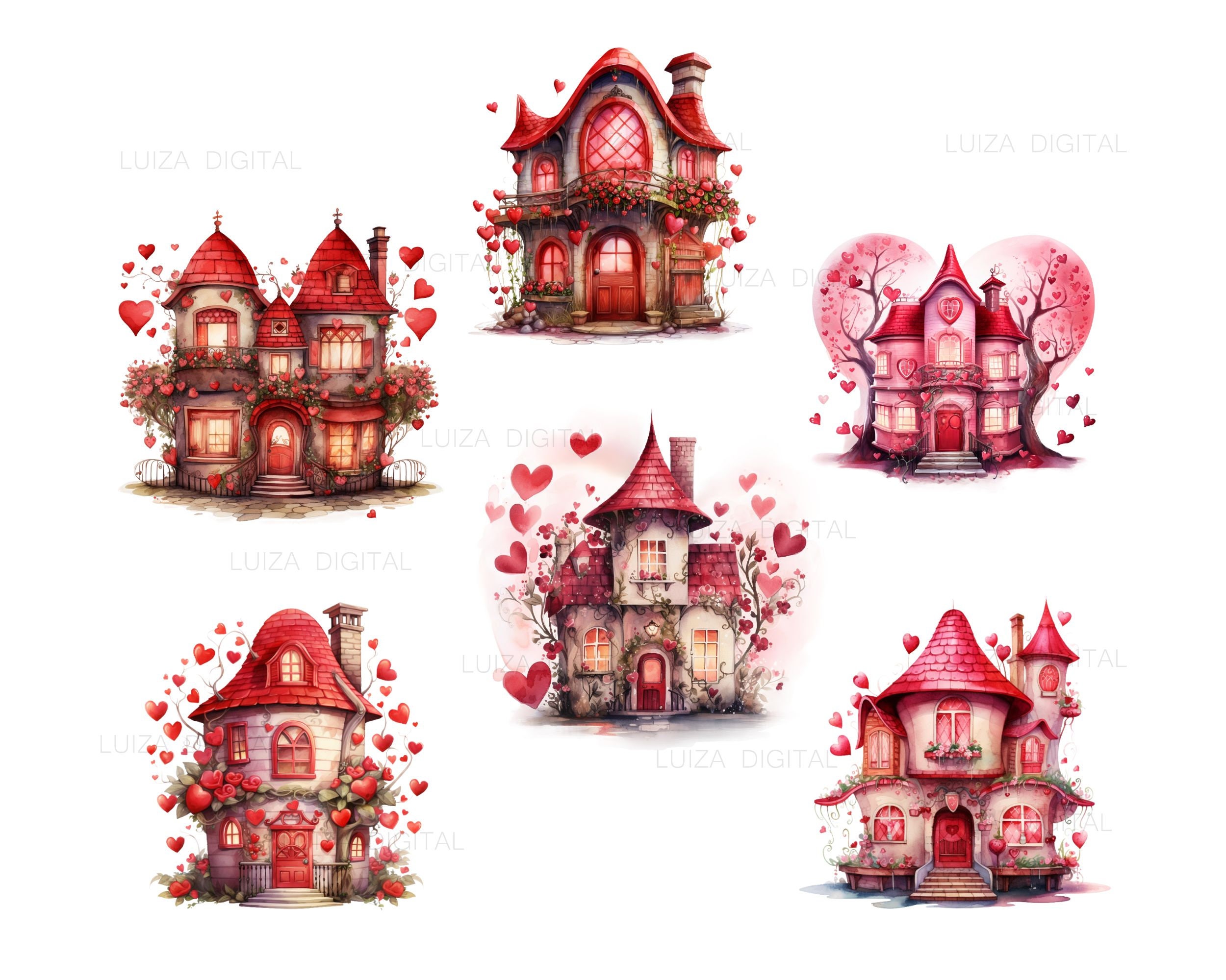 Watercolor Valentines Day House Clipart, Whimsical Sweet Home Png ...