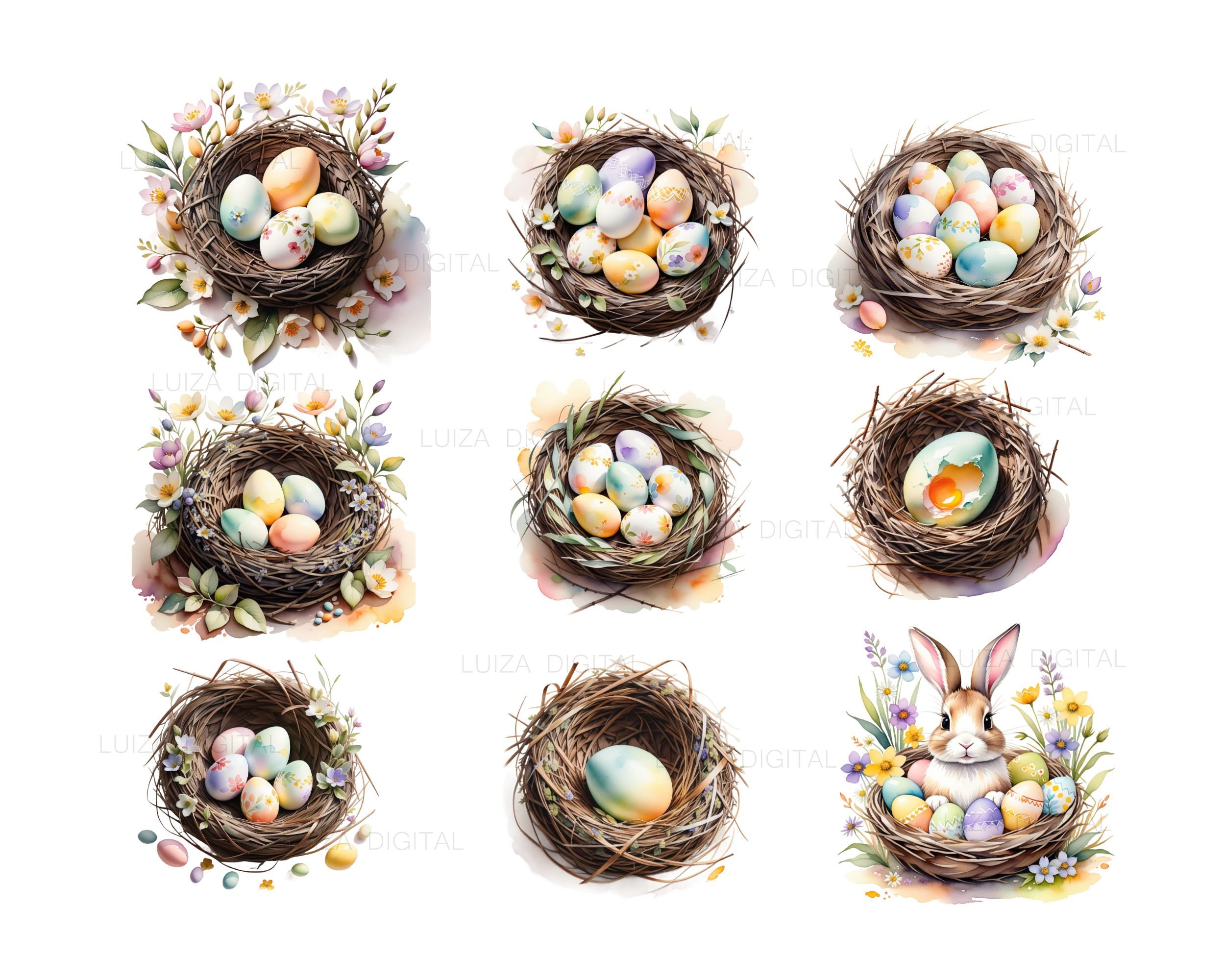 Watercolor Nest With Easter Eggs Clipart, Easter Bunny Clipart, Easter ...