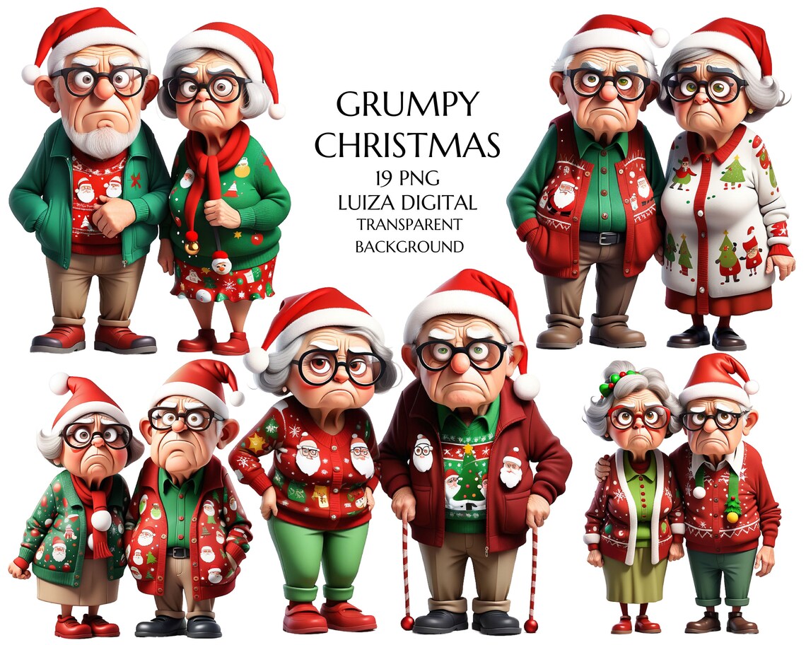 Christmas Grumpy Old Couple Clipart, Old Lady and Old Man, Cartoon Grandma Grandpa, Christmas ...