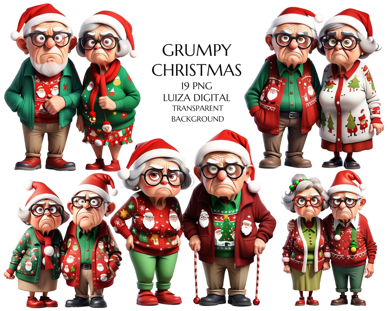 Christmas Grumpy Old Couple Clipart, Old Lady and Old Man, Cartoon ...