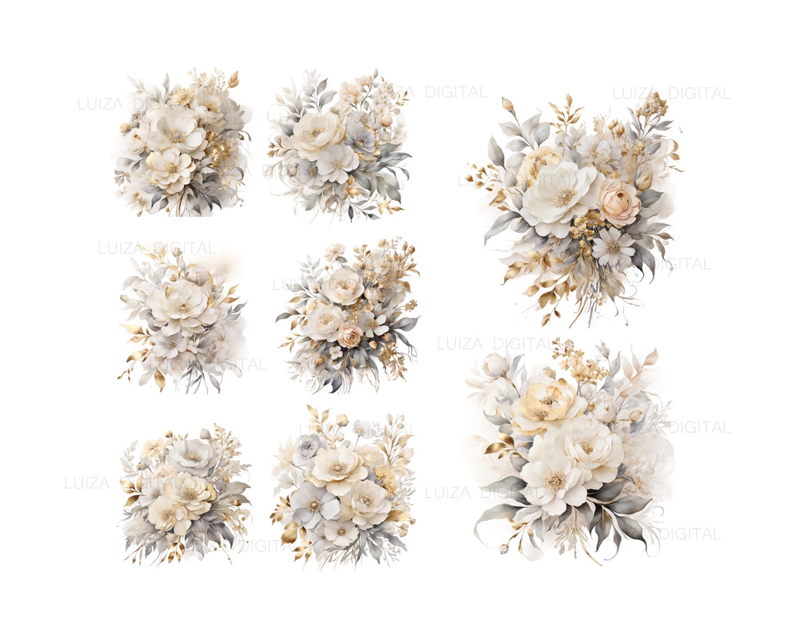 Silver and Gold Flowers PNG, Watercolor Floral Clipart Bouquets ...