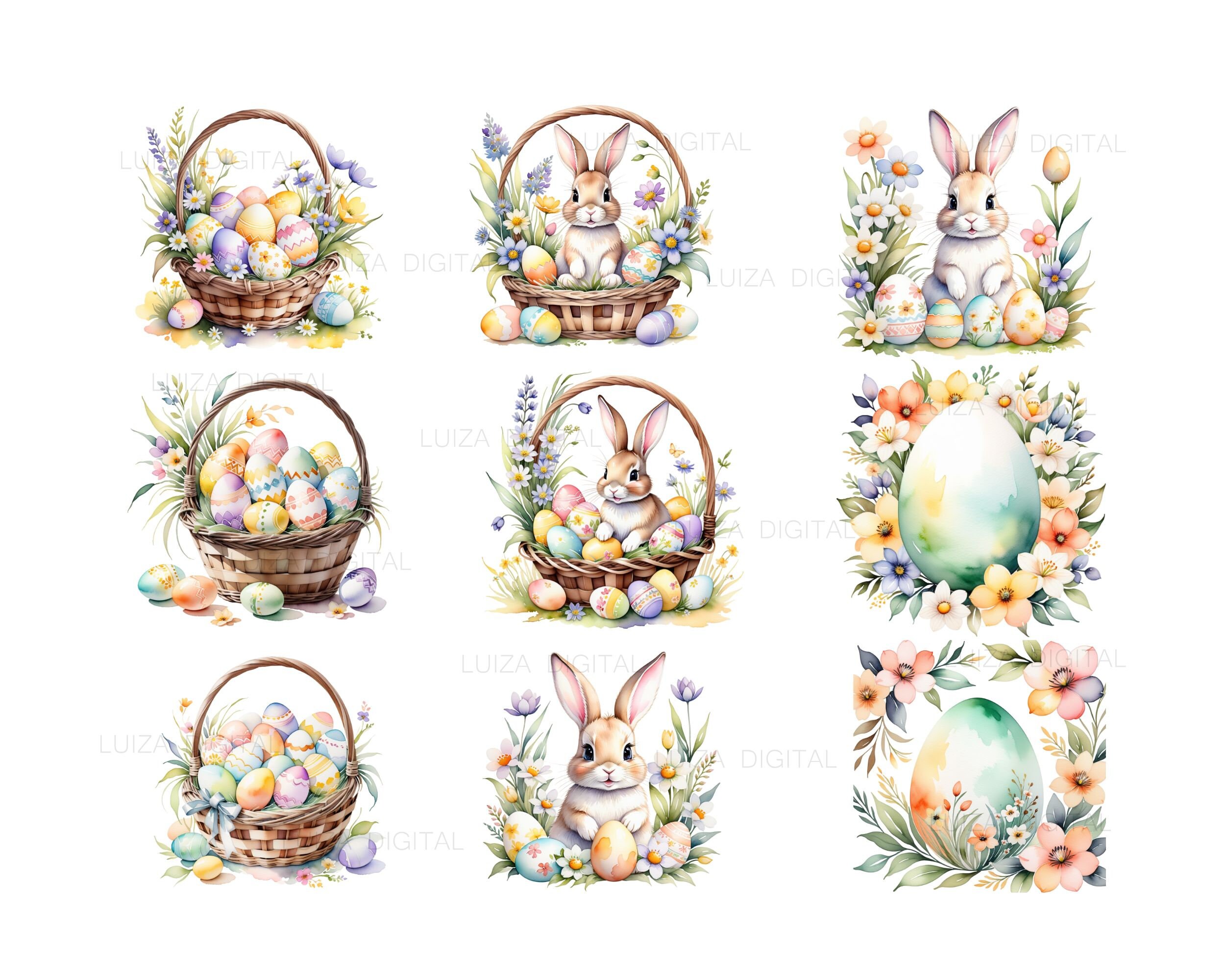 Easter Basket Clipart, Watercolor Floral Bunny Clipart, Country ...