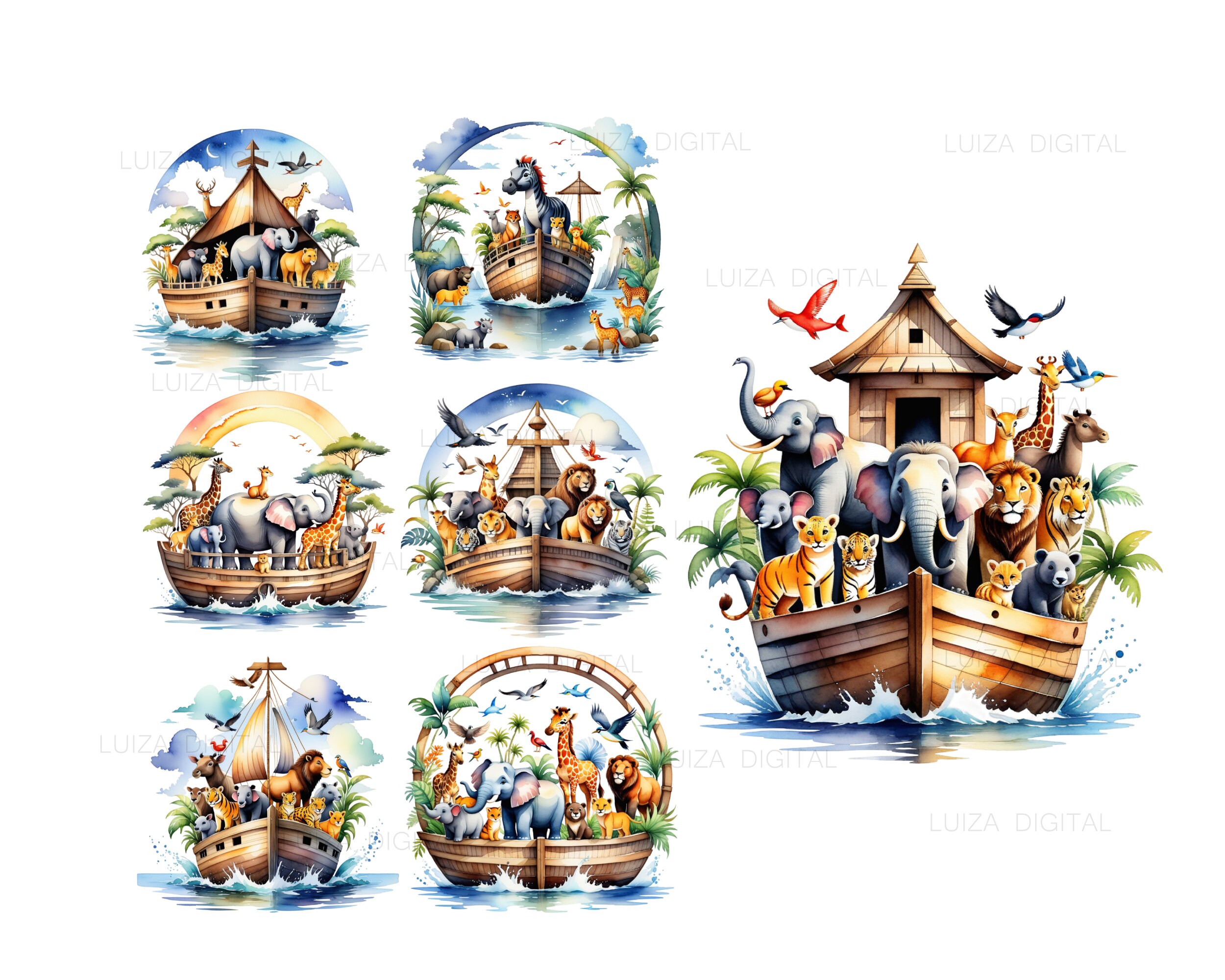 Watercolor Noah's Ark Watercolor Clipart, 16 PNG Noah's Ark Clipart ...