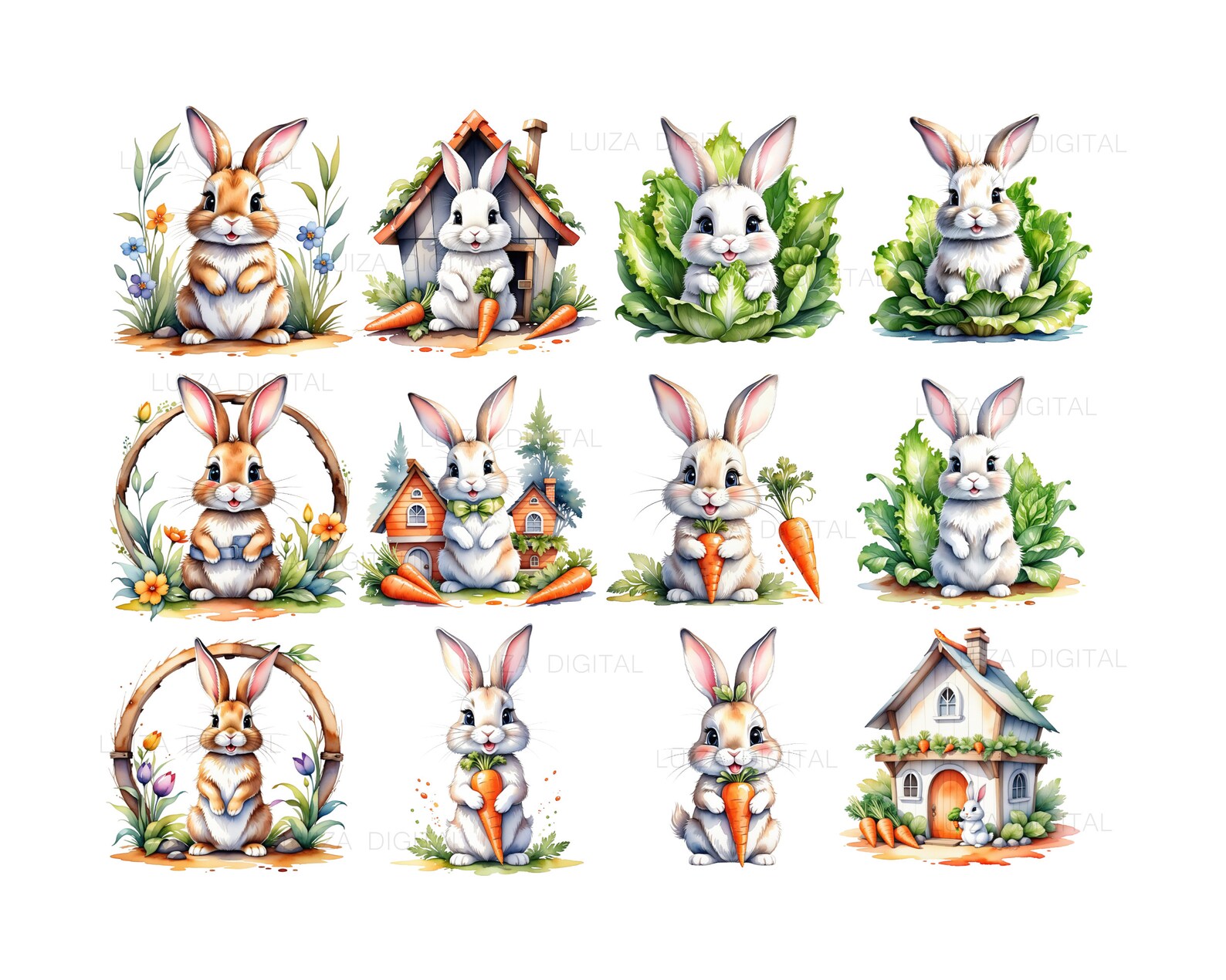 Cute Easter Bunny Clipart, Easter Buuny and Carrot Png, Boho Nursery ...
