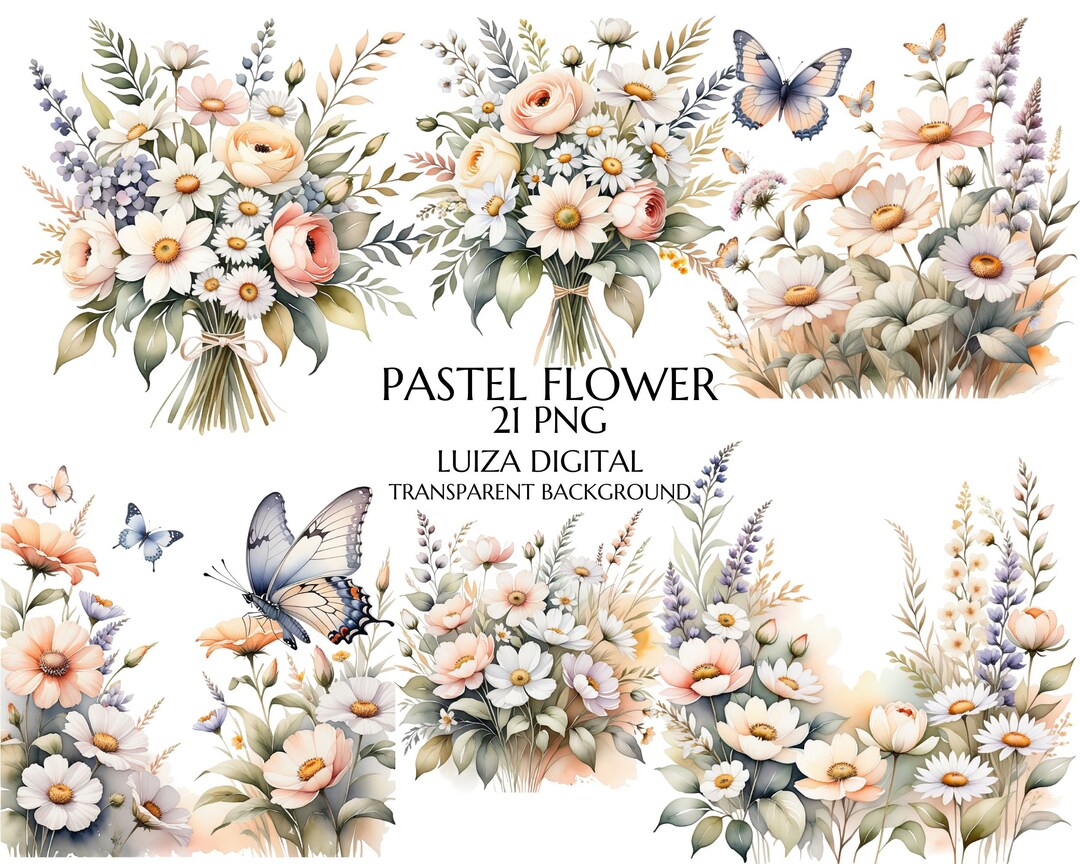 Watercolor Pastel Flowers Clipart, Bouquet Clipart, Pastel Flowers ...