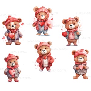 Watercolor Valentines Teddy Bear Clipart, 14 PNG Valentines Day Clipart ...