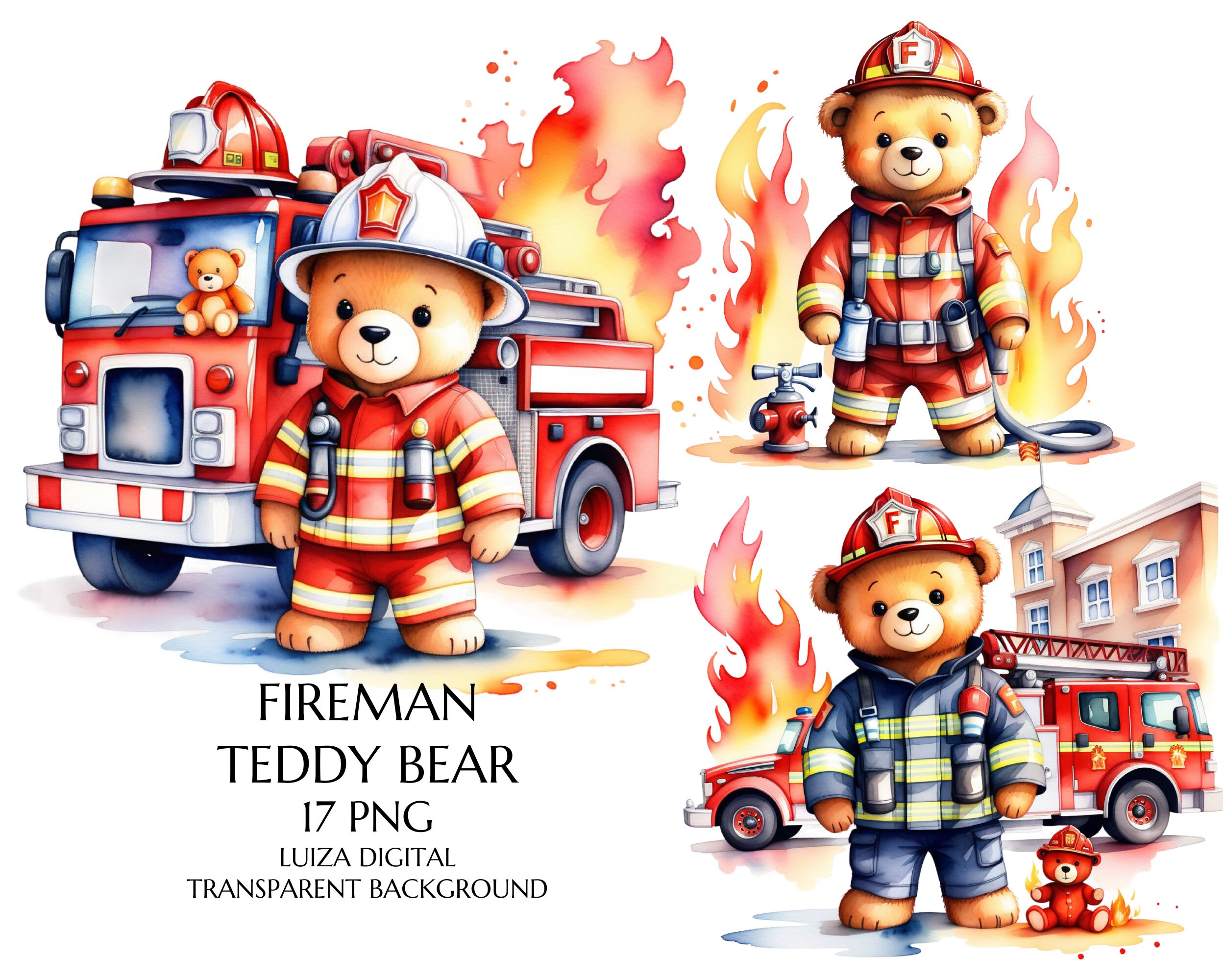 Watercolor Fireman Teddy Bear Clip Art, Firefighter Clipart, Craft ...