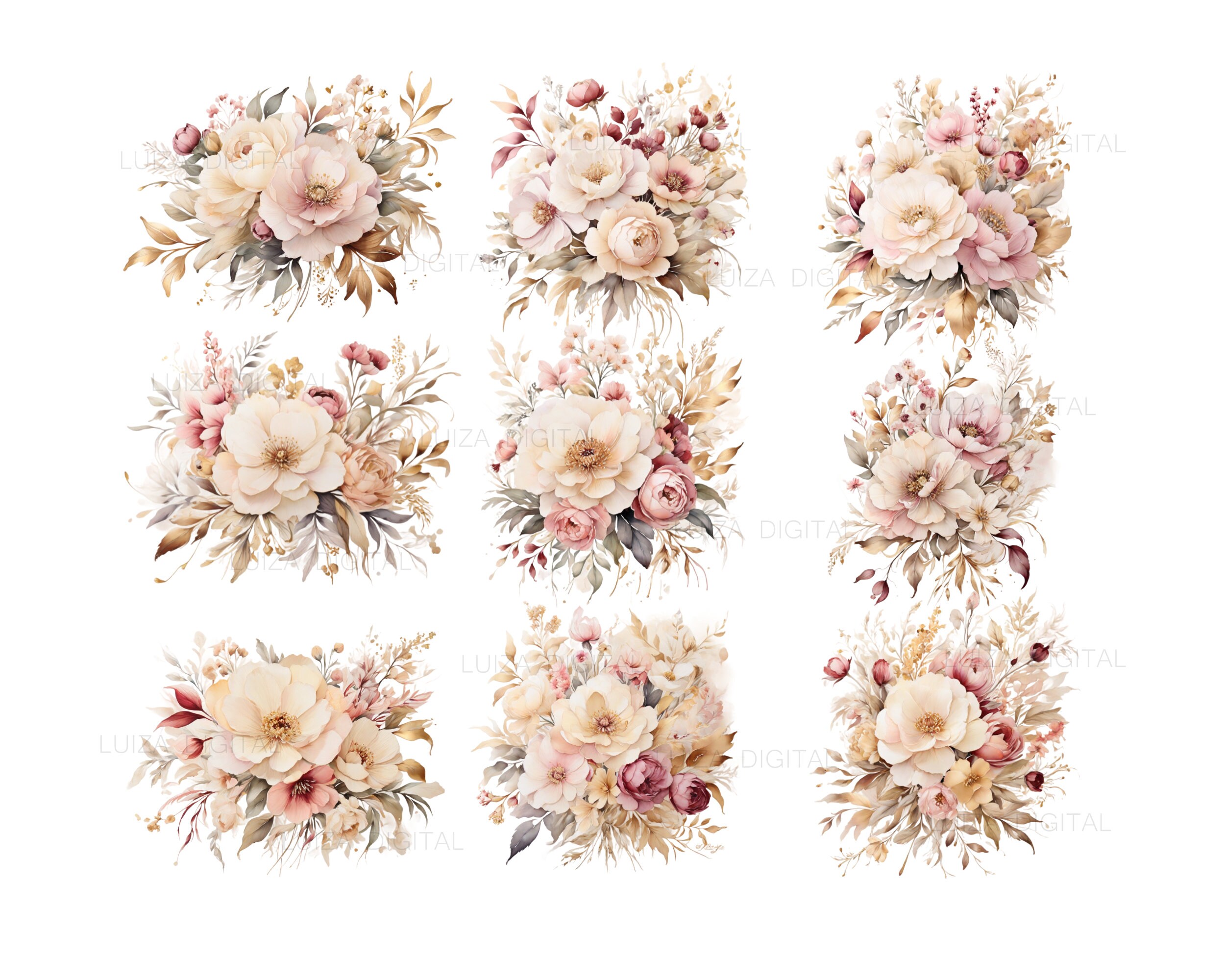 Rose Gold Flowers PNG, Watercolor Floral Clipart Bouquets, Wedding ...