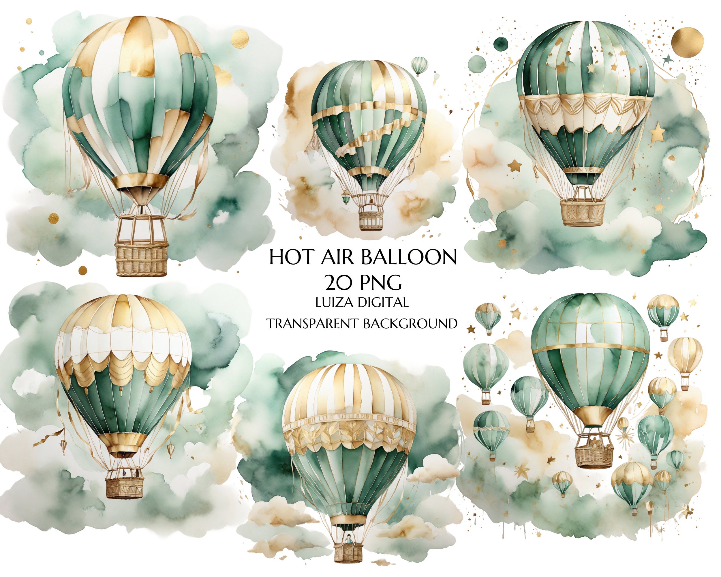 Hot Air Balloon Clipart, Green Hot Air Balloon, Balloons and Clouds ...
