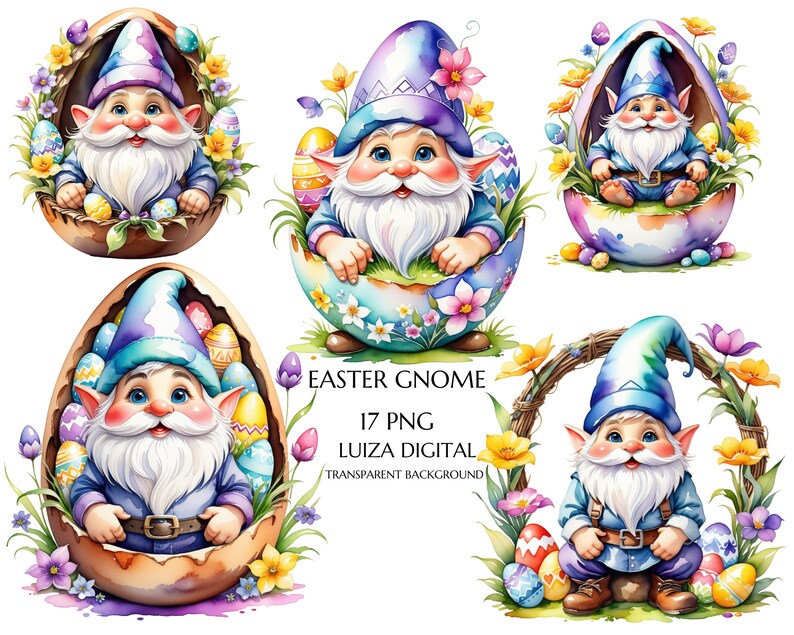 Watercolor Easter Egg Gnome Clipart, Easter Gnome Clipart, Spring Gnomes Clipart, Garden Clipart ...