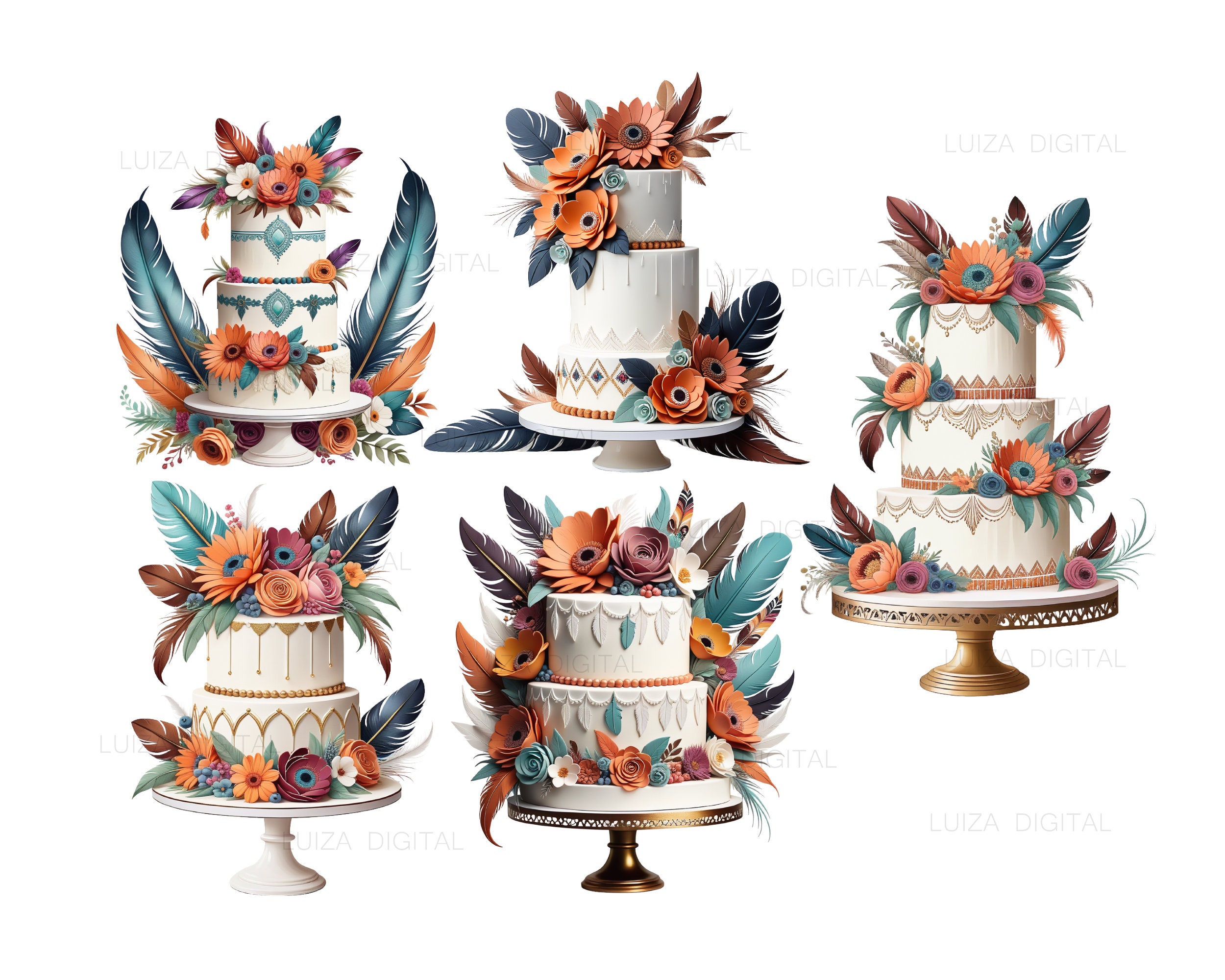 Wedding Cake Clipart, Boho Wedding Cake Clipart, Boho Wedding Flowers ...