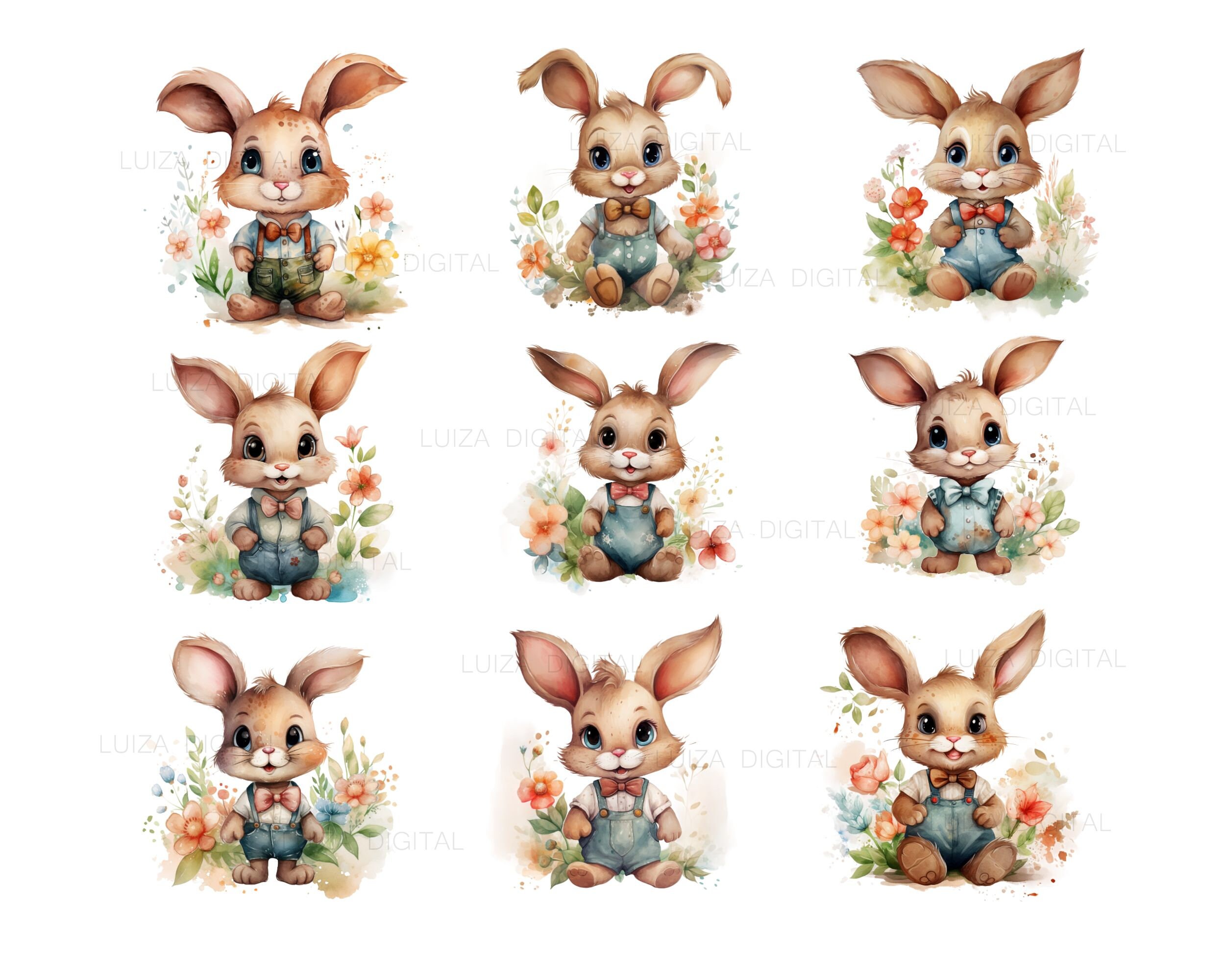 Watercolor Floral Bunny Clipart, Vintage Easter Bunny Png, Country ...