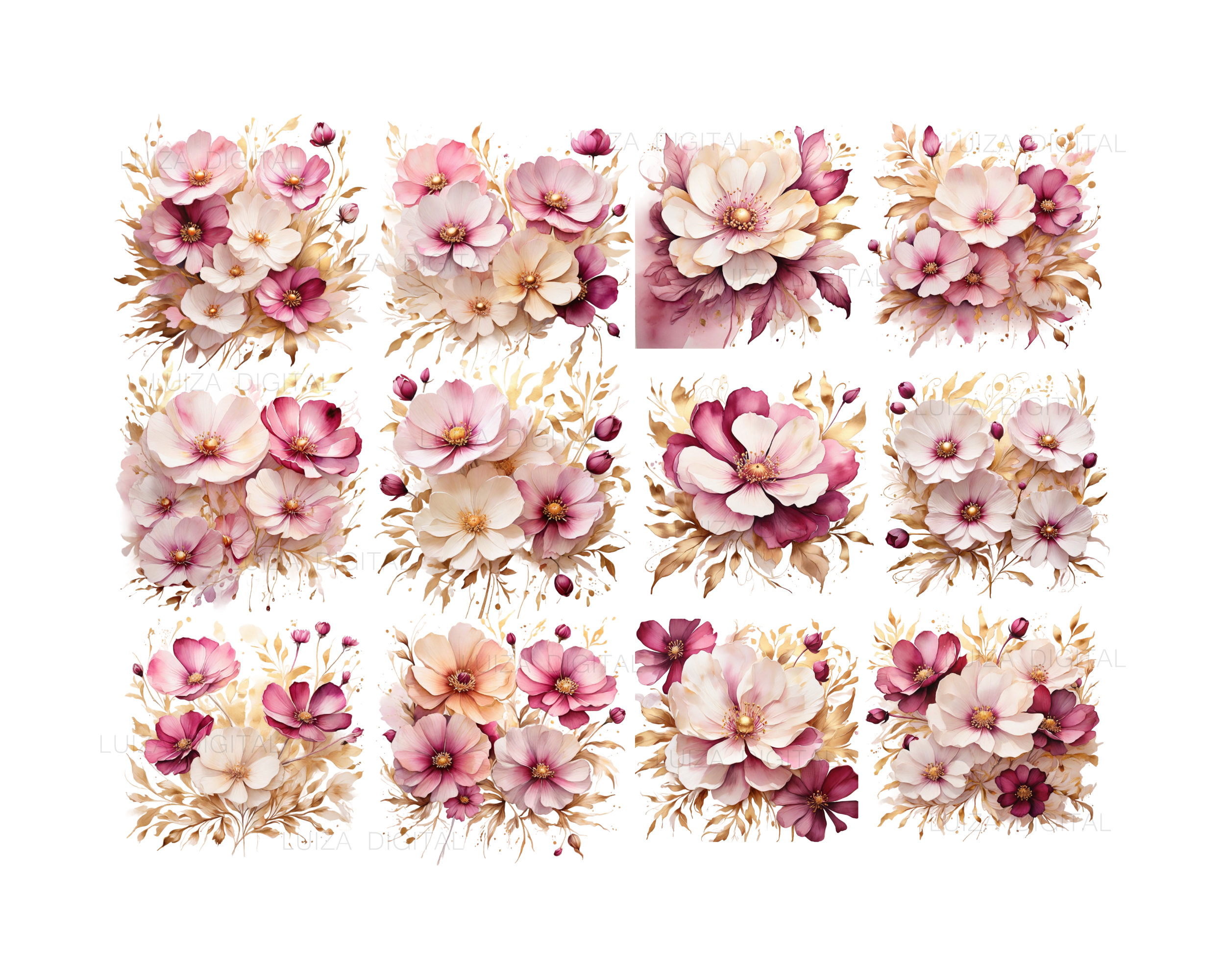 Pink and Gold Flowers PNG, Watercolor Magenta Floral Clipart Bouquets ...