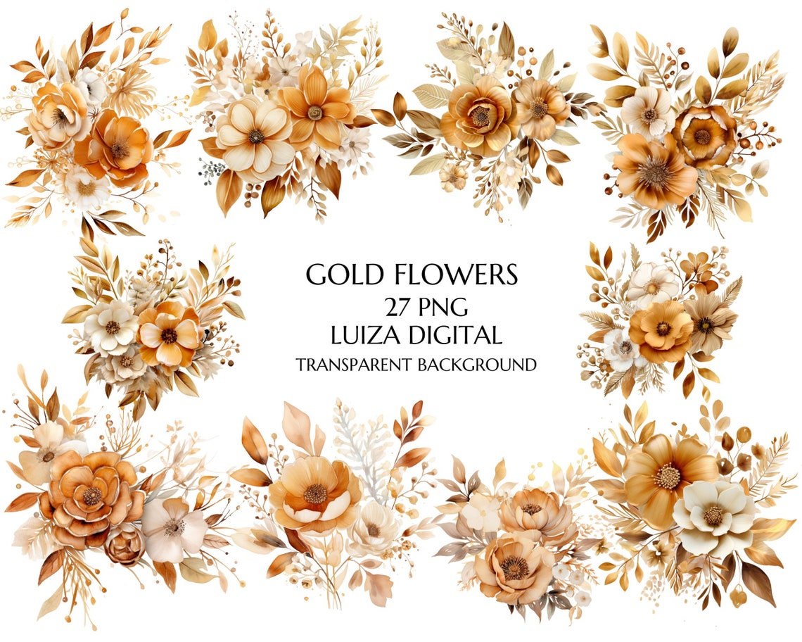 Bourbon and Gold Flowers PNG, Watercolor Floral Clipart Bouquets ...