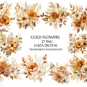 Purple and Gold Flowers PNG, Watercolor Floral Clipart Bouquets ...