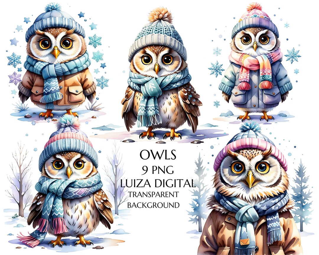 Cold Owl Clipart, Winter Owl in Clothes Watercolor Owl Clipart ...