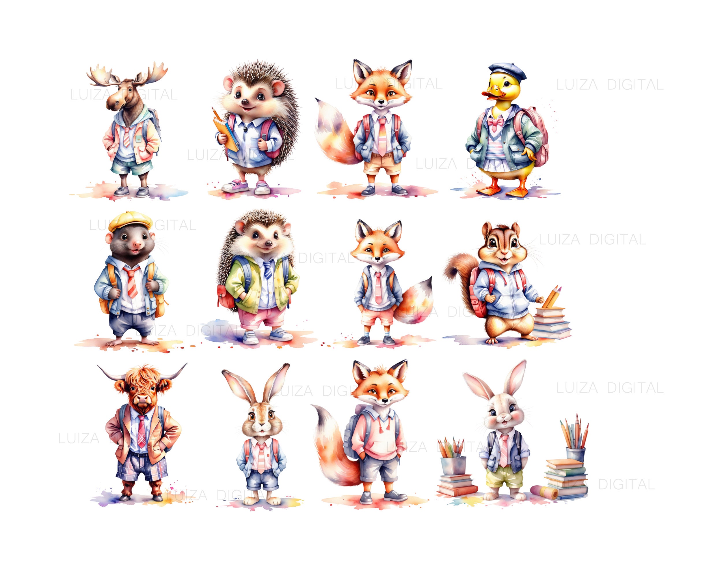 Back to School Animal Clipart Bundle, Watercolor School Woodland Animal ...