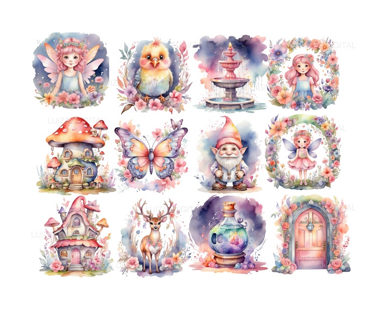 Pastel Adorable Fairy Girl Garden Clipart, Watercolor Fairy House PNG ...