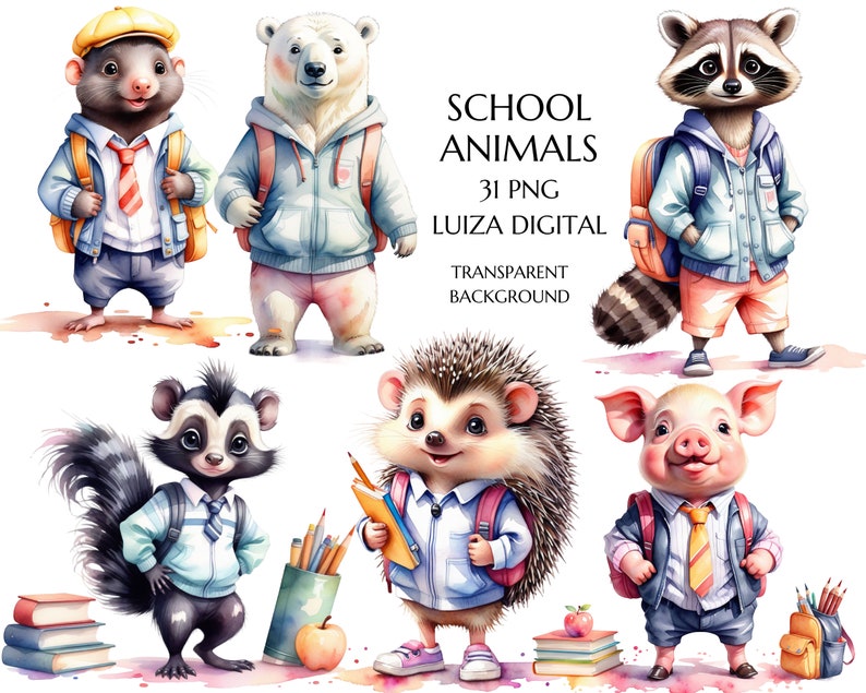 Back to School Animal Clipart Bundle, Watercolor School Woodland Animal ...