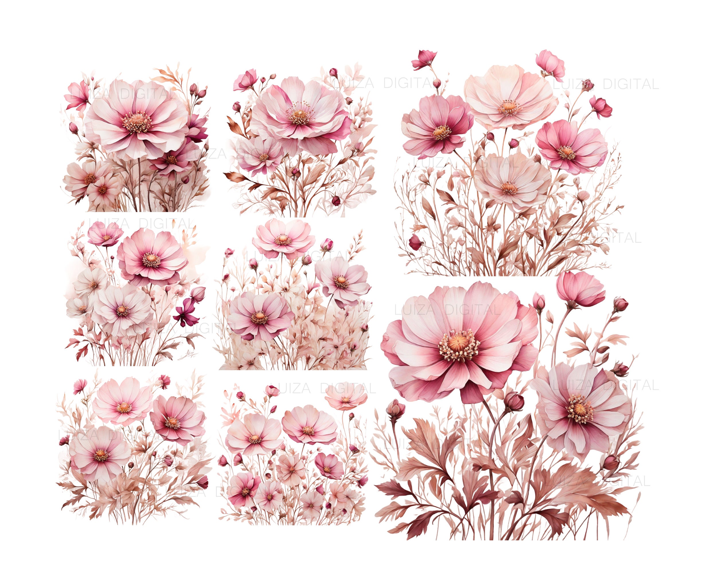 Rose Gold and Pink Wildflowers PNG, Watercolor Floral Clipart Bouquets ...