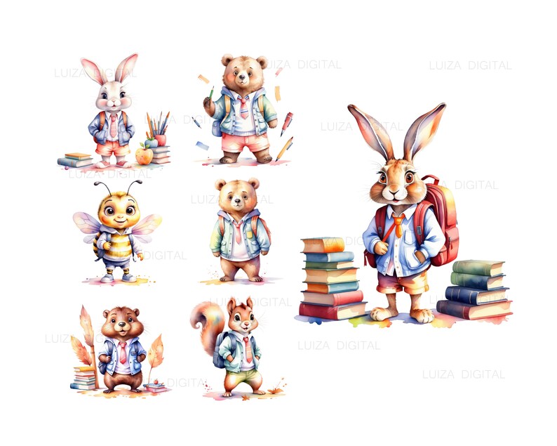 Back to School Animal Clipart Bundle, Watercolor School Woodland Animal ...